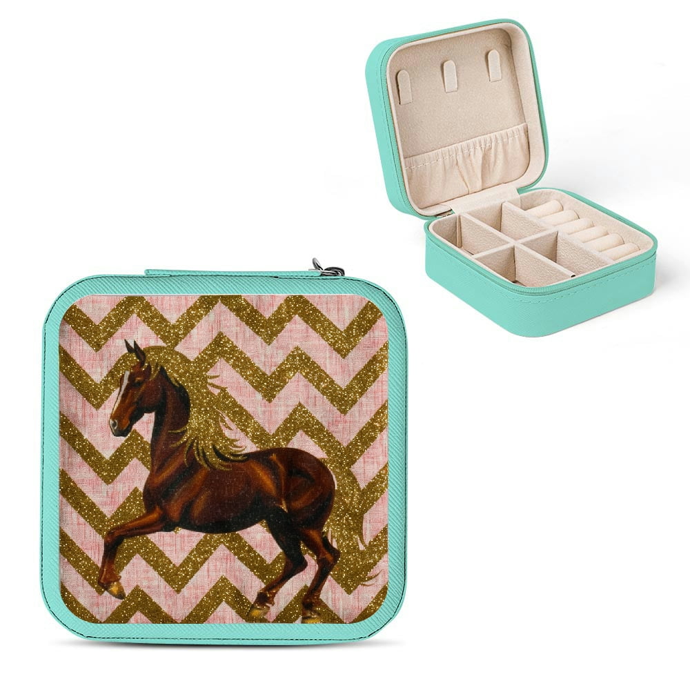 ZFLMY Horse Chevron Pattern Magical Realism Jewelry Box 3.8-Inch Green ...