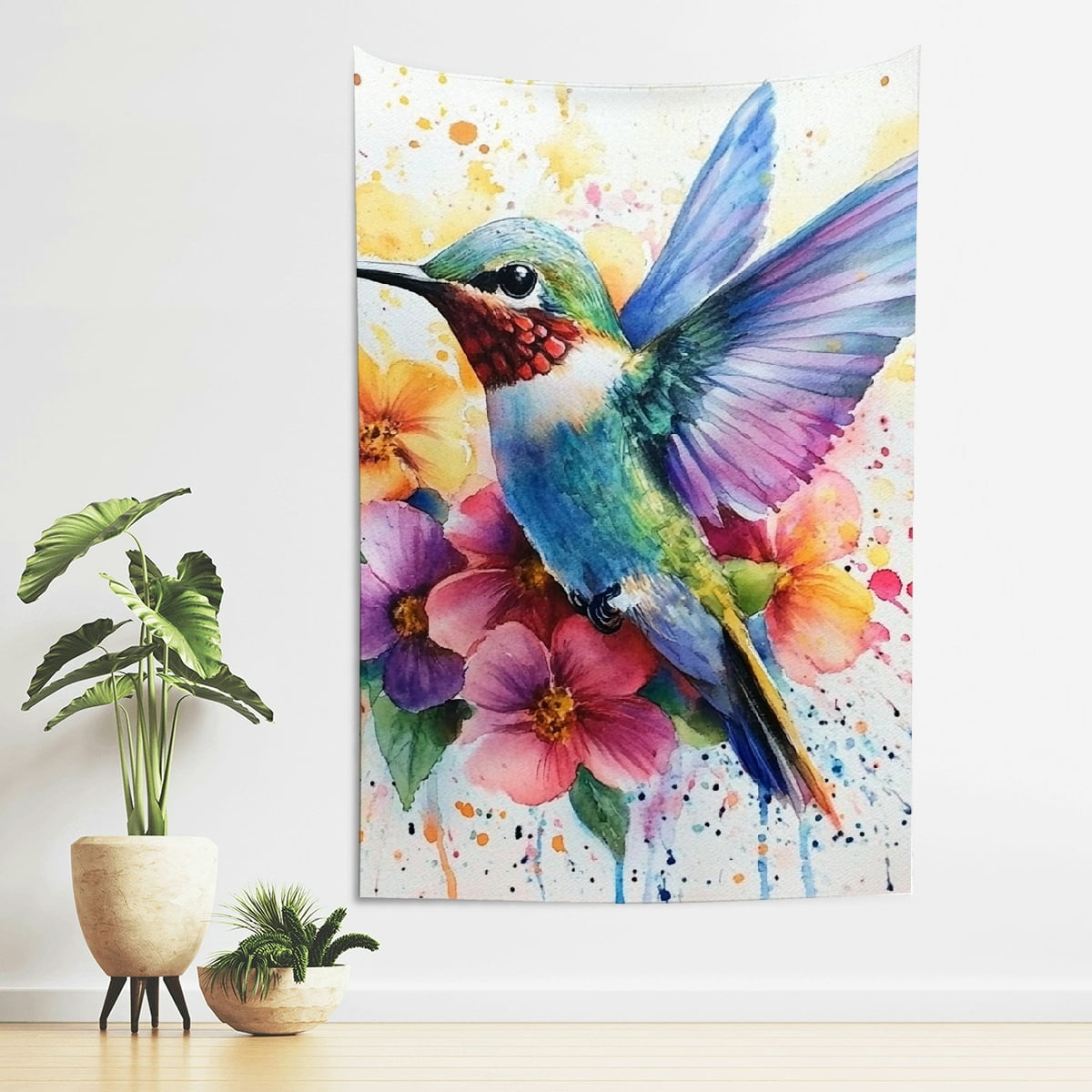 ZFLMY Hummingbird Flowers Watercolor Splashes Tapestry Wall Hanging 40 ...