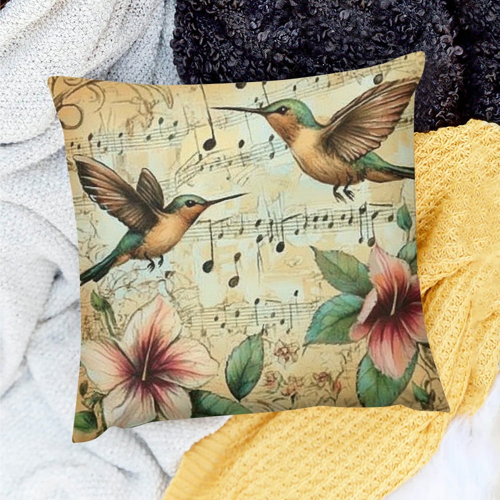 ZFLMY Hummingbirds Flowers Music Notes Pillow Cushion Case 100% Linen ...