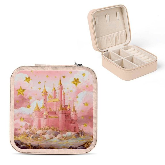 ZFLMY Pink Castle Gold Stars Jewelry Box for Women - Small Travel Case ...