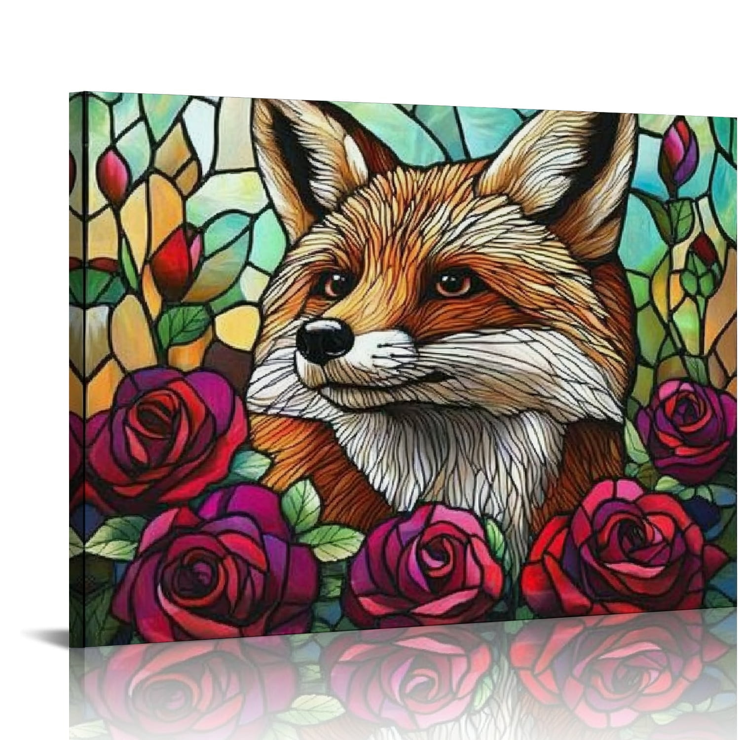 ZFLMY Red Fox Roses Stained Glass Canvas Prints Wall Art Decor Ready To ...