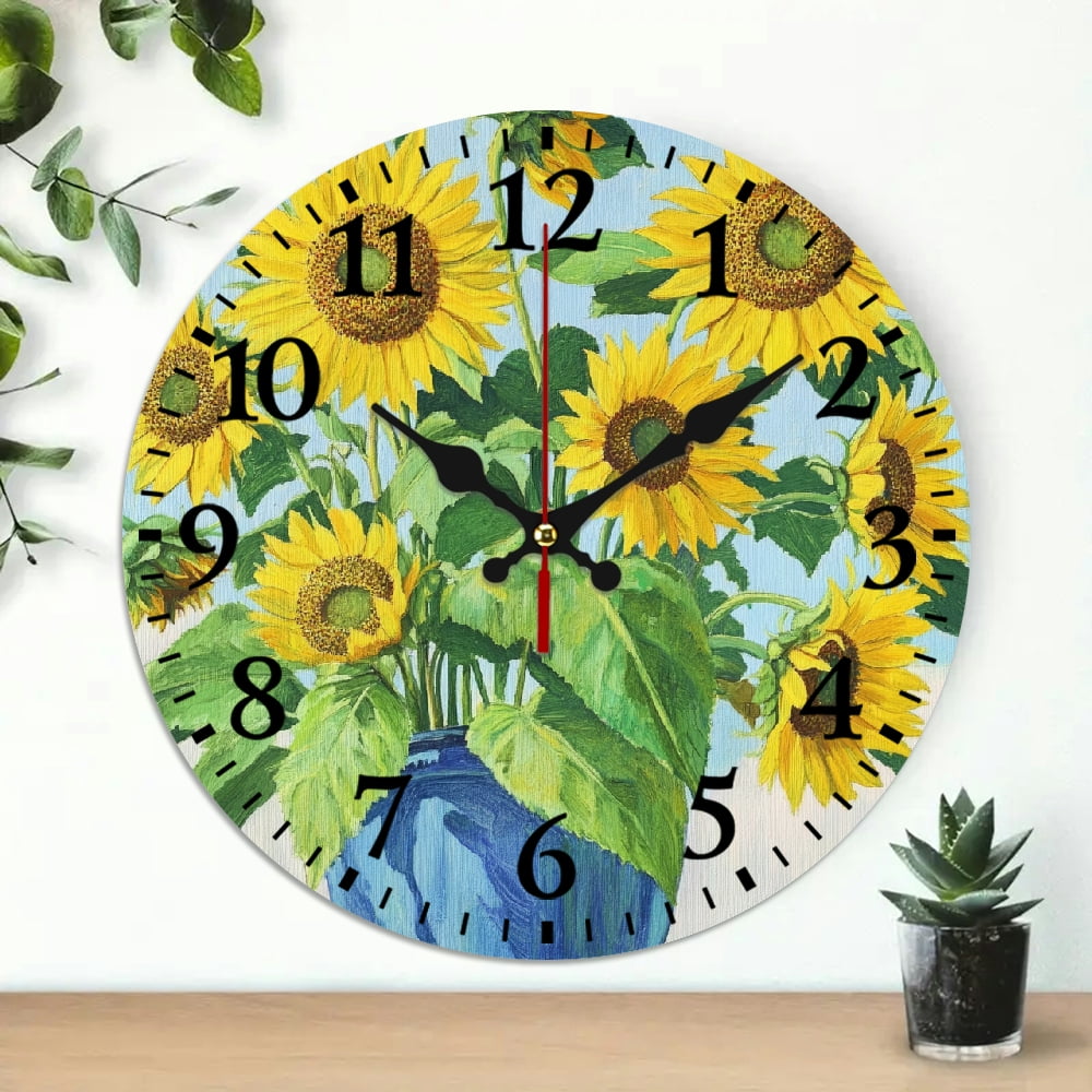 ZFLMY Sunflowers Round Wooden Wall Clock for Home Decor, Battery ...