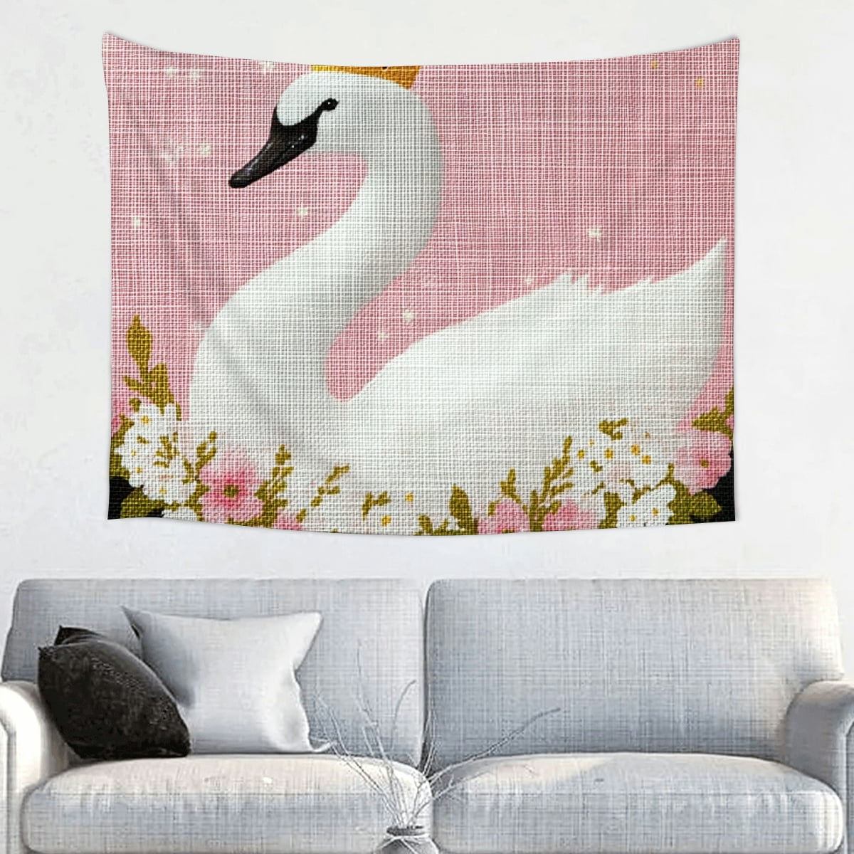 ZFLMY Swan Flowers Crown Tapestry Wall Hanging 100% Polyester Home Art ...