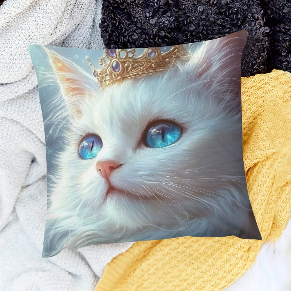 ZFLMY White Cat Blue Eyes Tiara Decor Holiday Pillow Case for Home Sofa ...