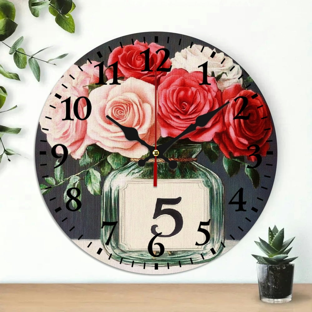 ZFLMY Wooden Wall Clock with Roses Print for Living Room Decor, 10 ...