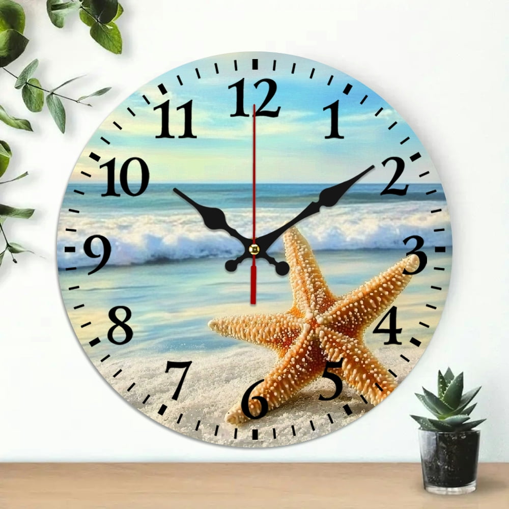 ZFLMY Wooden Wall Clock Starfish Beach Ocean Theme Wall Hanging Decor ...