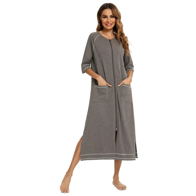AMITOFO Women's Full-Length Zippered Soft Cotton Bathrobe with Pockets ...