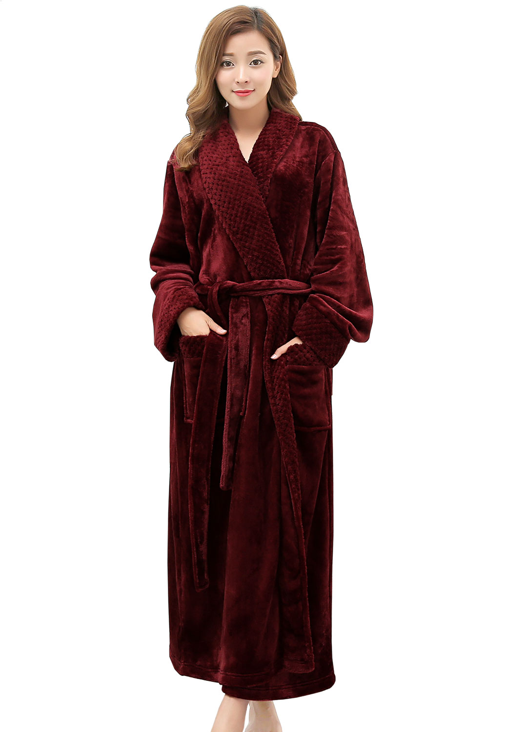 Zfsock Fleece Robe For Women Soft Warm Long Plush Bathrobe Slim Elastic