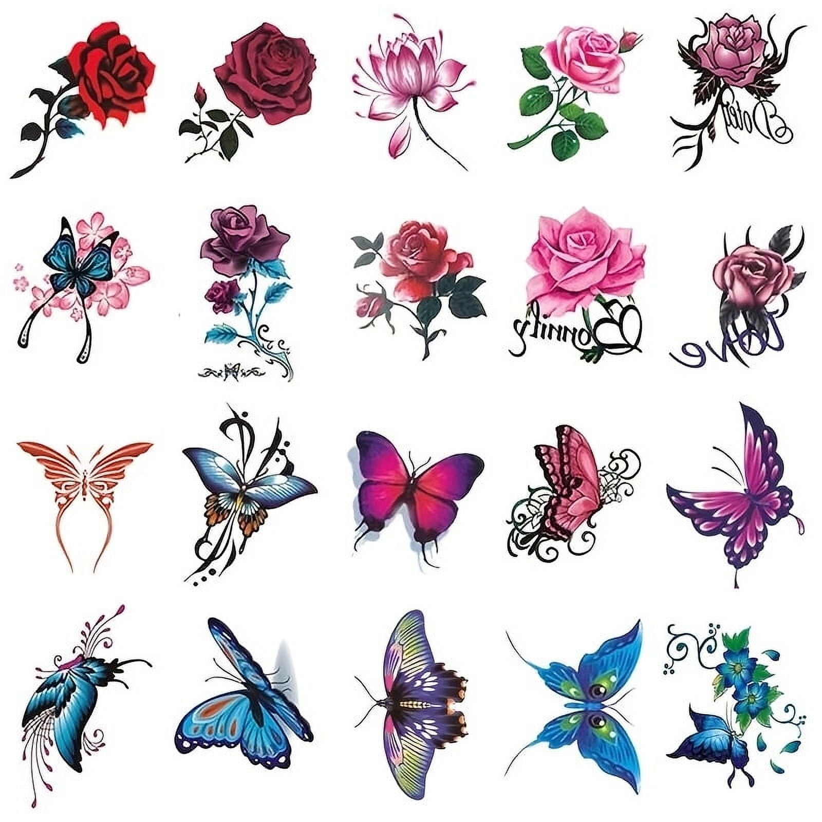 ZGAD 20pcs Pink Rose & Butterfly Temporary Tattoos Set - Waterproof ...