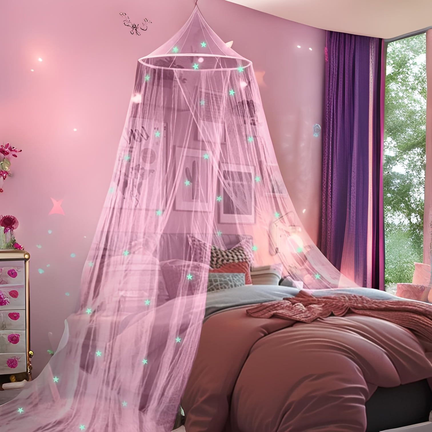 ZGAD Luminous Star Princess Canopy Bed Drapes with Mosquito Net, Iron ...
