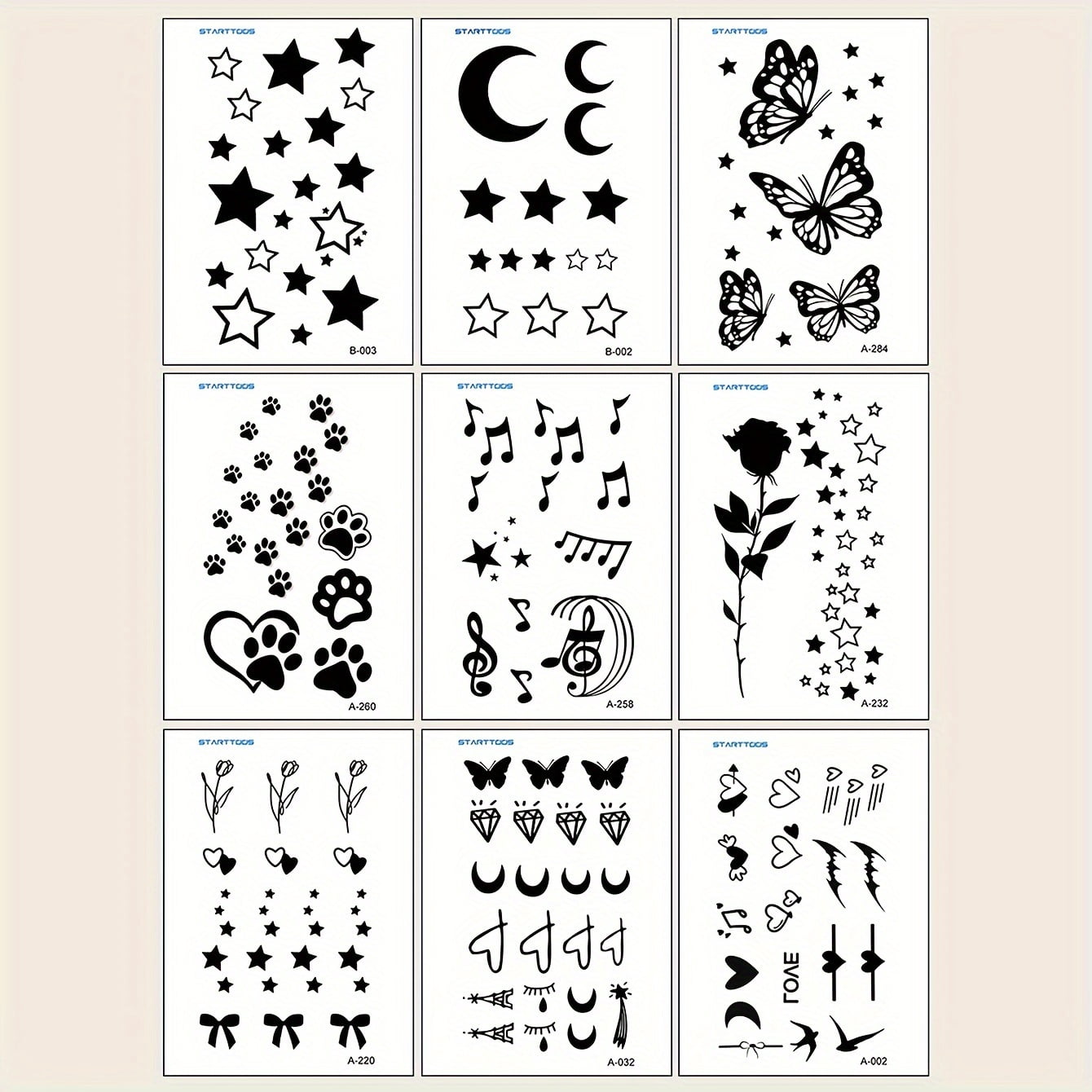 ZGAD [Moon Star Finger Wrist Tattoos] 9pcs Curved Moon Note Butterfly ...
