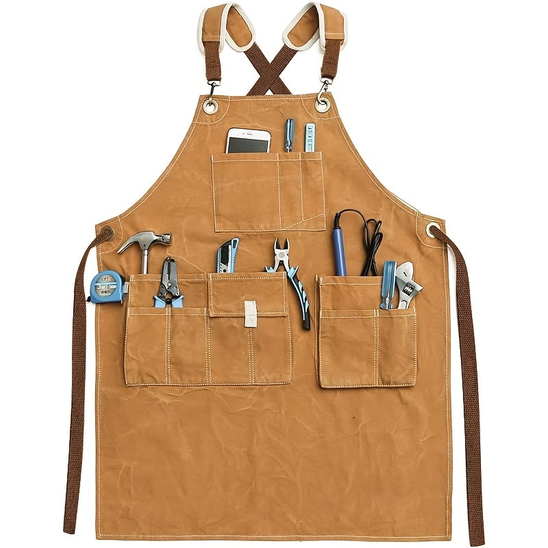 ZGAD Waxed Canvas Work Apron Featuring 11 Pockets, Waterproof Tool Apron with a Smart Cross-Back ...