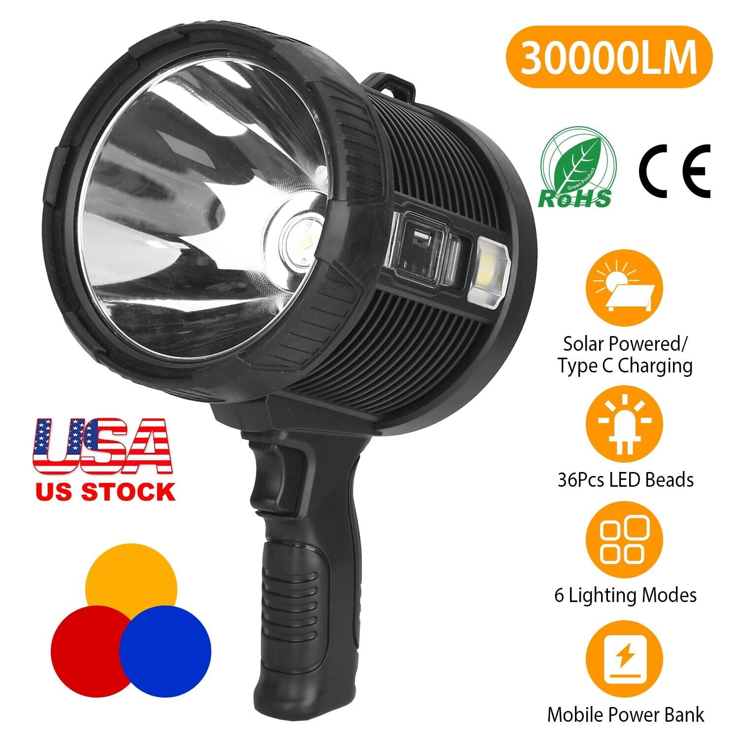ZGBY 30000Lm Rechargeable Led Searchlight Handheld Spotlight Flashlight ...