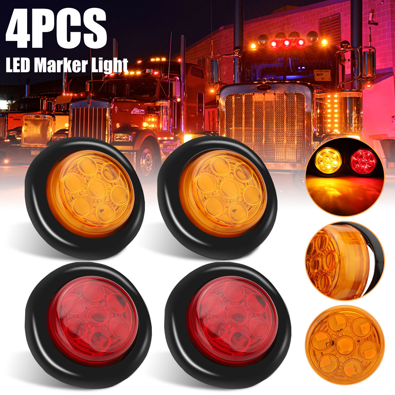 ZGBY 4x 2" 7 LED Round Side Marker Clearance Light Truck Trailer Red Amber w/ Grommet - Walmart.com