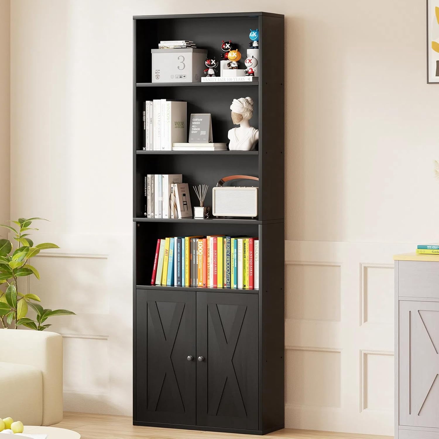 ZGOODWJ 6-Tier Open Bookcase and Bookshelf with Doors, Floor Standing ...