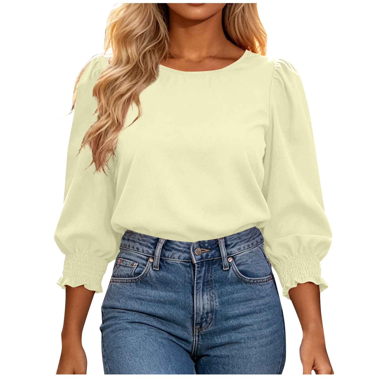 ZGRBOU Blouses for Women Smocked Cuffs 3/4 Puff Sleeve Tops Casual ...