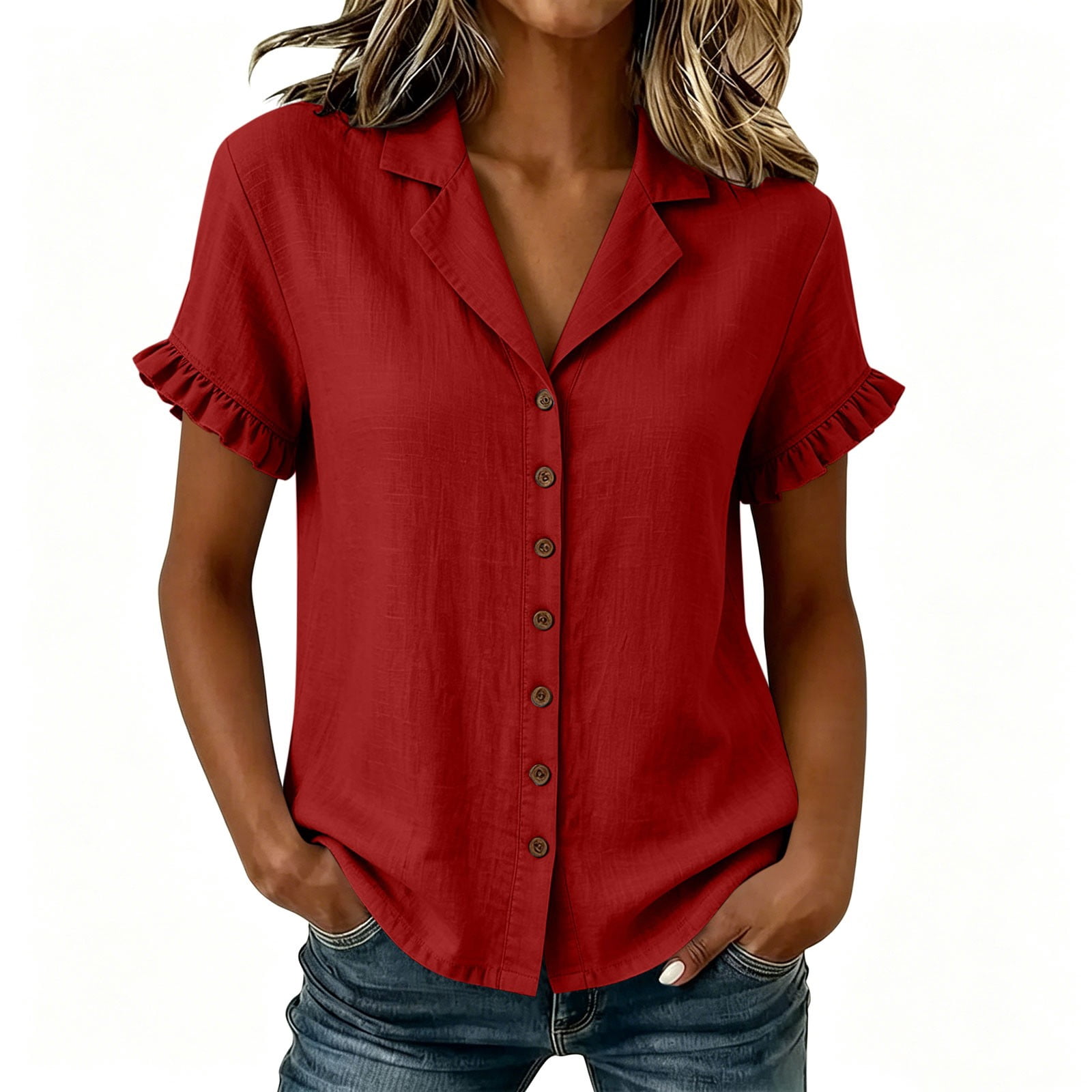 ZGRBOU Button Down Shirts for Women Ruffle Short Sleeve V Neck Tunic ...