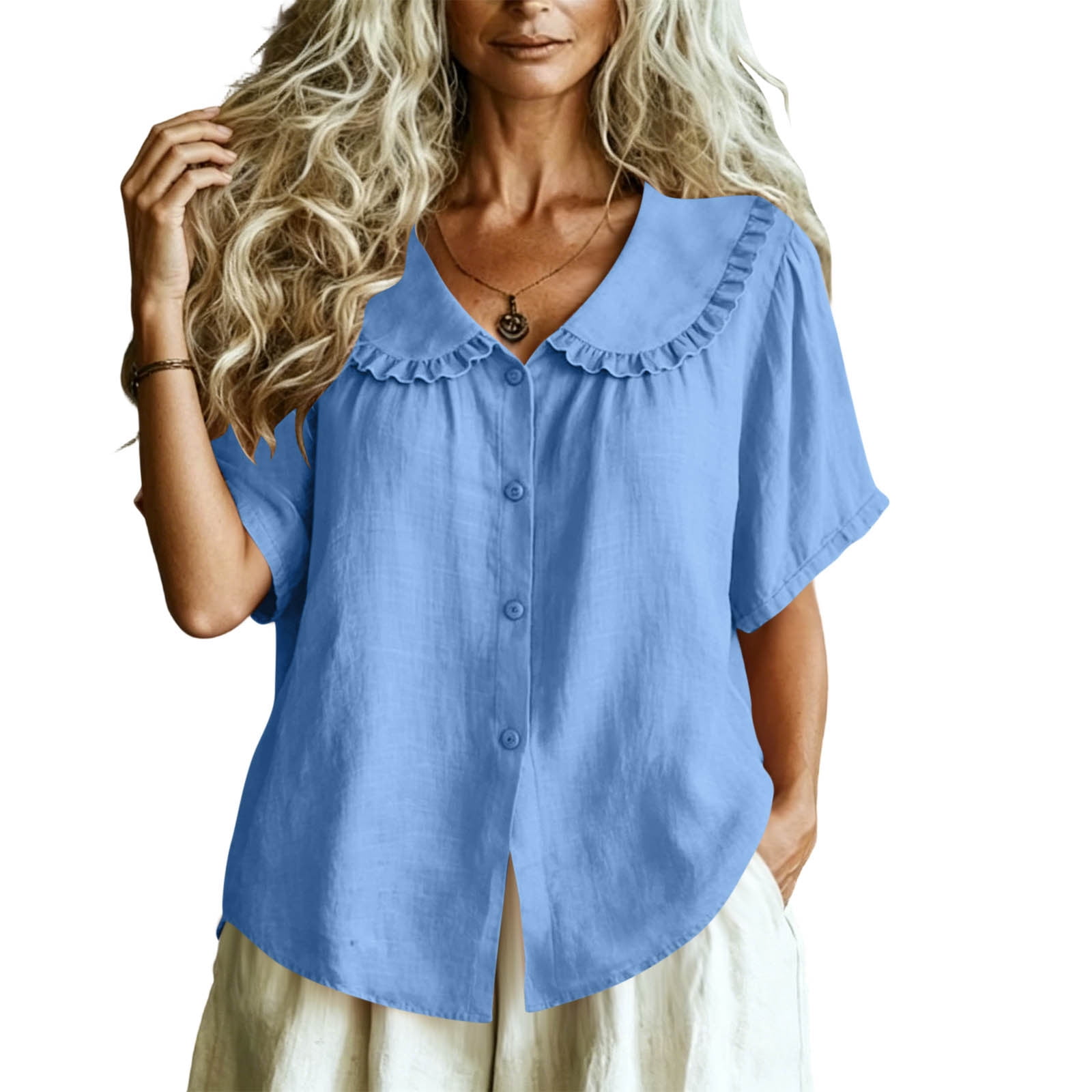 ZGRBOU Cotton Linen Peter Pan Collar Tops for Women Button Down Short ...