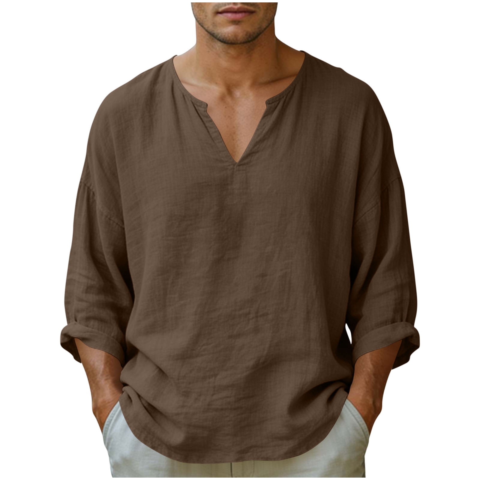 ZGRBOU Men's Cotton Linen Henley Shirts Casual Long Sleeve Breathable ...