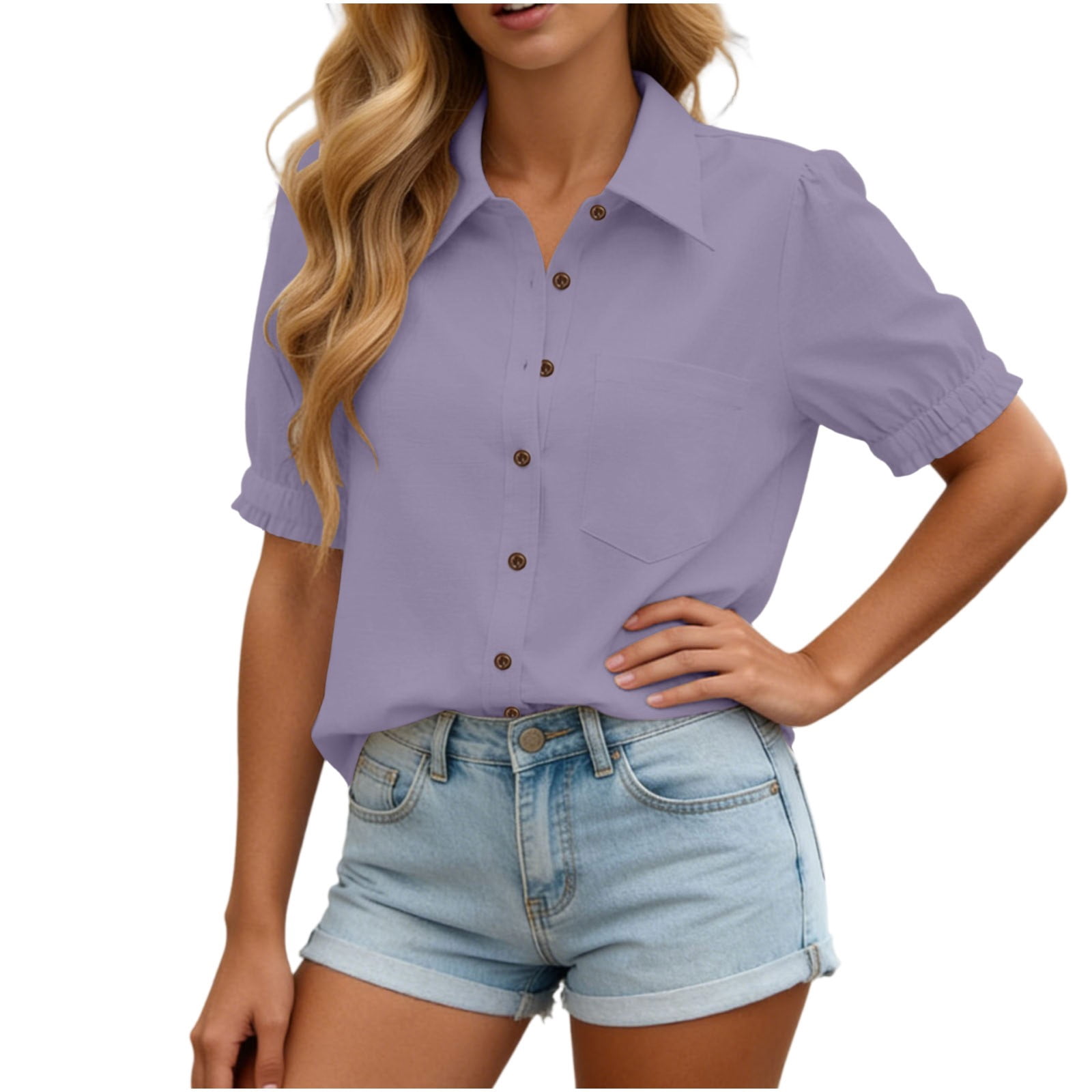 ZGRBOU Women's Cotton Linen Blouse V Neck Puff Short Sleeve Button Down ...
