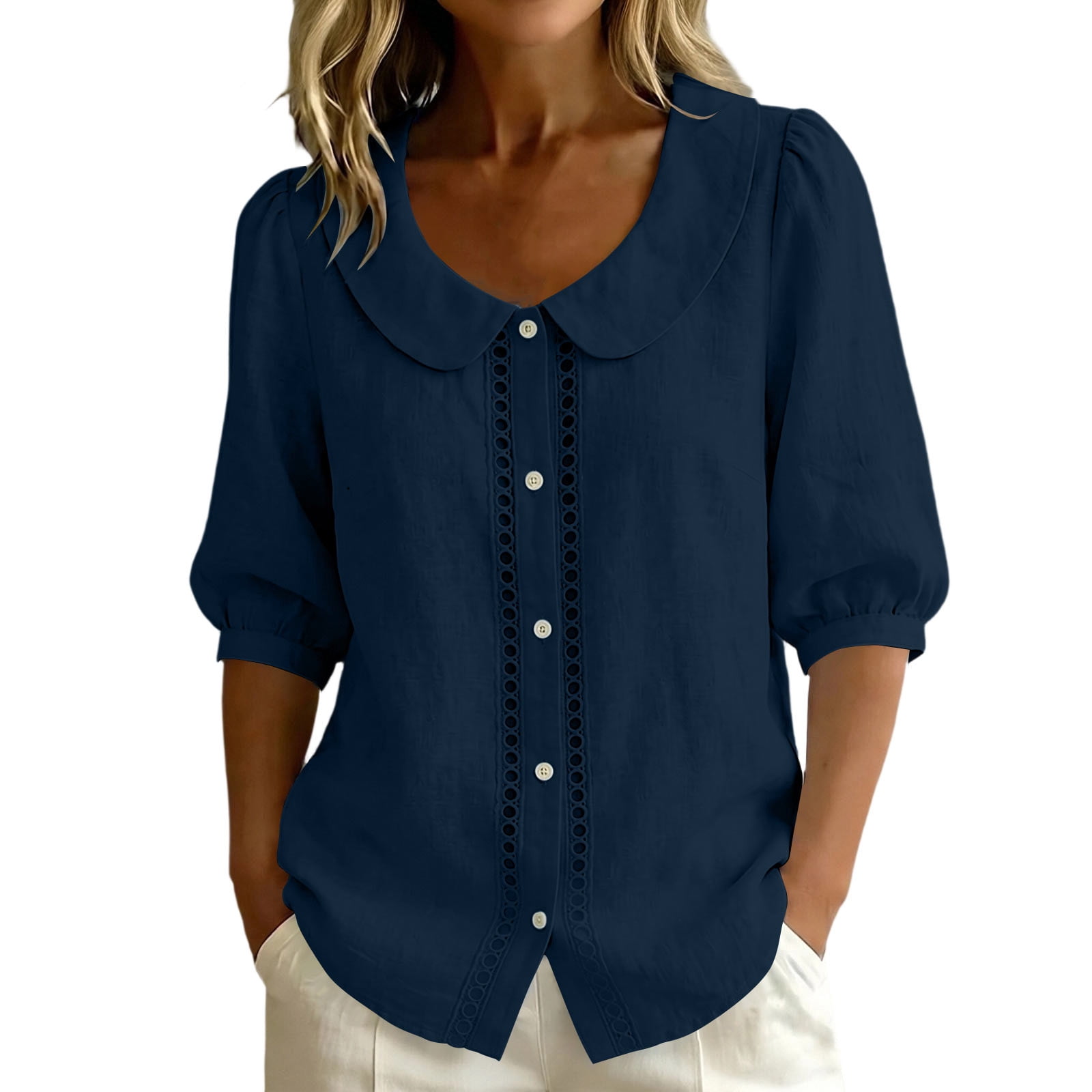 ZGRBOU Women's Cotton Linen Tops Casual Peter Pan Collar Puff Half ...