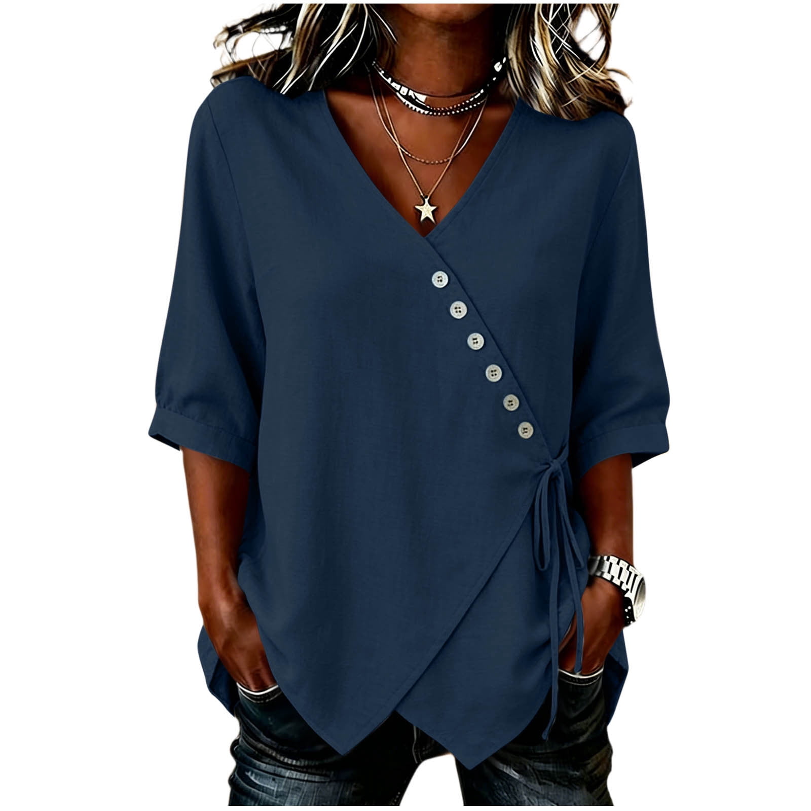 ZGRBOU Womens Tie Side Wrap Tops Casual 3/4 Sleeve V Neck TShirts ...