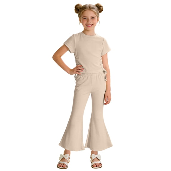 ZHAGHMIN Girls Two Piece Set Drawstring Short Sleeve Flared Pants ...