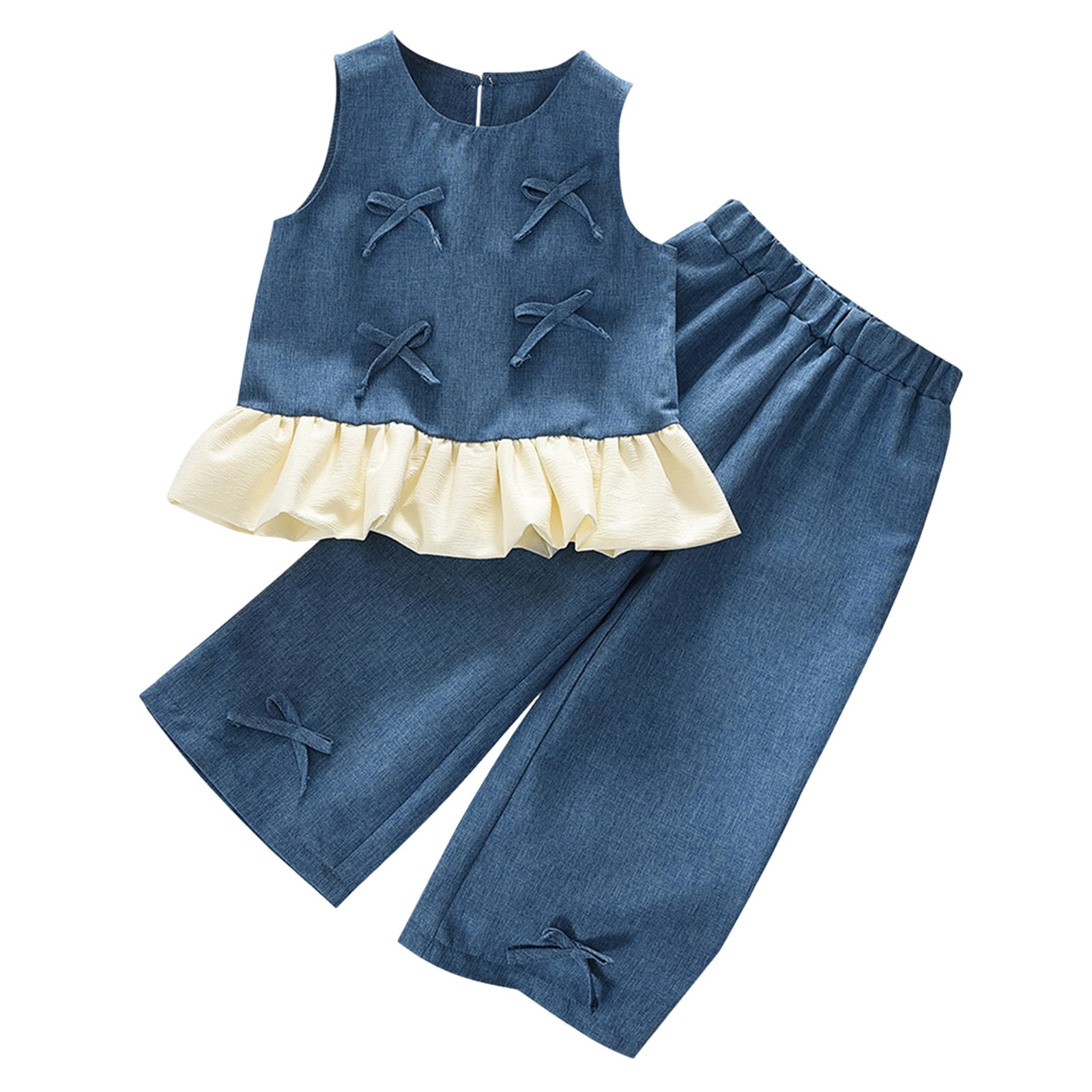 ZHAGHMIN Girls Two Piece Summer Set Denim Look Bow Detail Patchwork ...