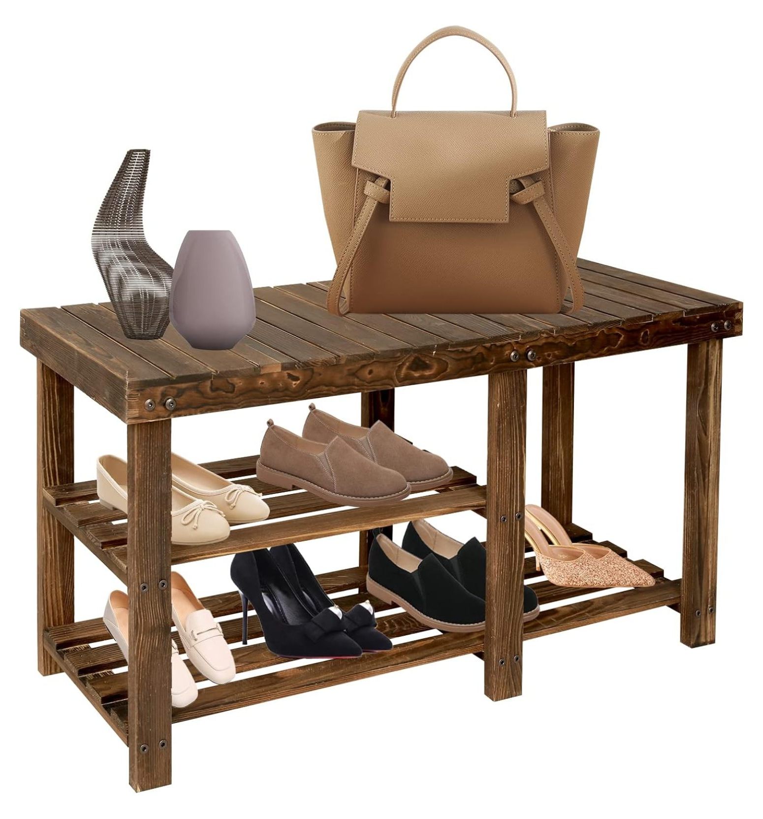 ZHANGHU Shoe Rack Bench, 3-Tier Wood Shoe Bench with Boot Organizer ...