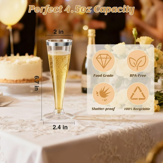 ZHANYU-100 Pack Silver Rim Champagne Flutes Plastic Wine Glasses ...