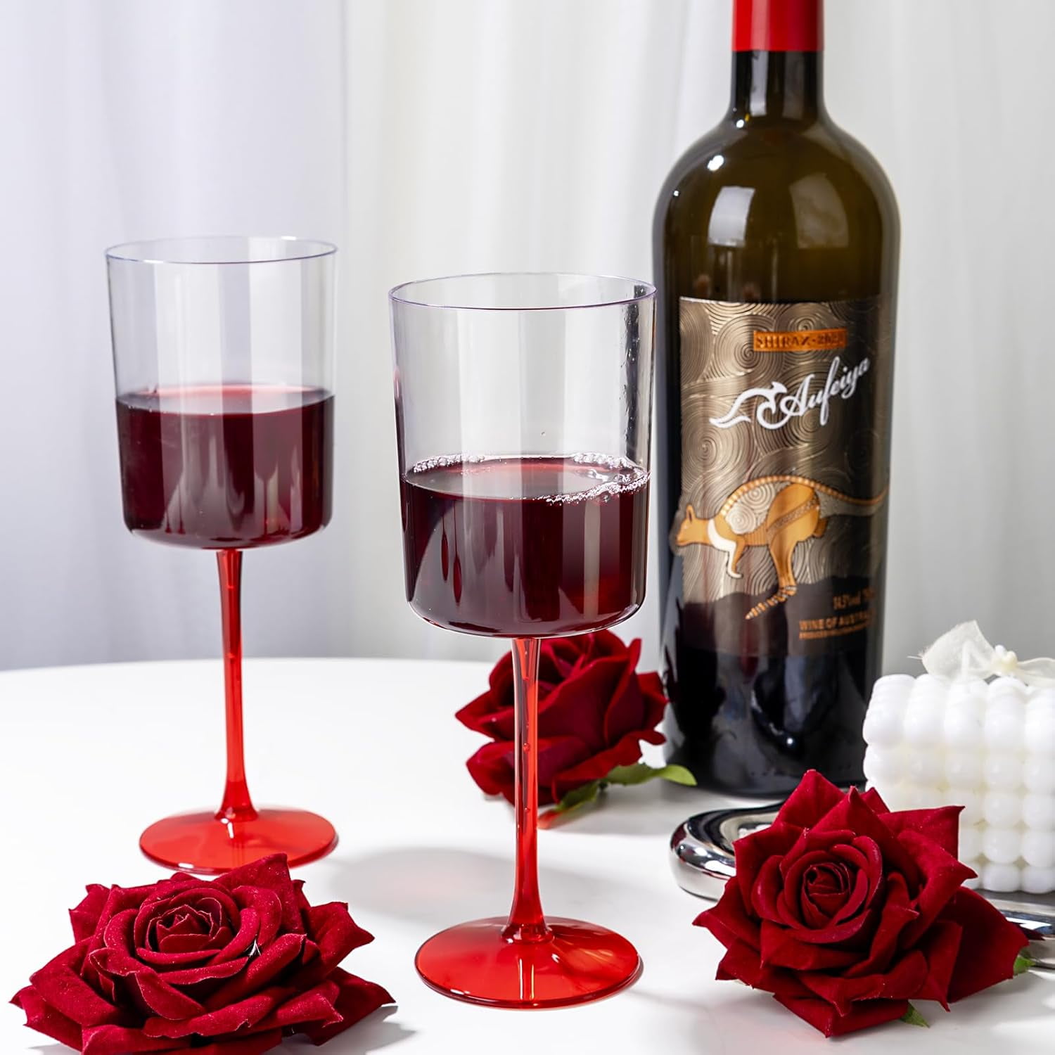 ZHANYU-12 Pack 10 Oz Clear Plastic Wine Glasses with Red Stem ...