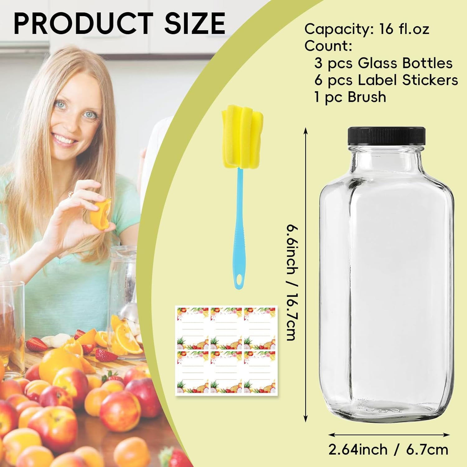 ZHANYU-16 oz Glass Juice Bottles with Lids 3-Pack - Large Reusable ...