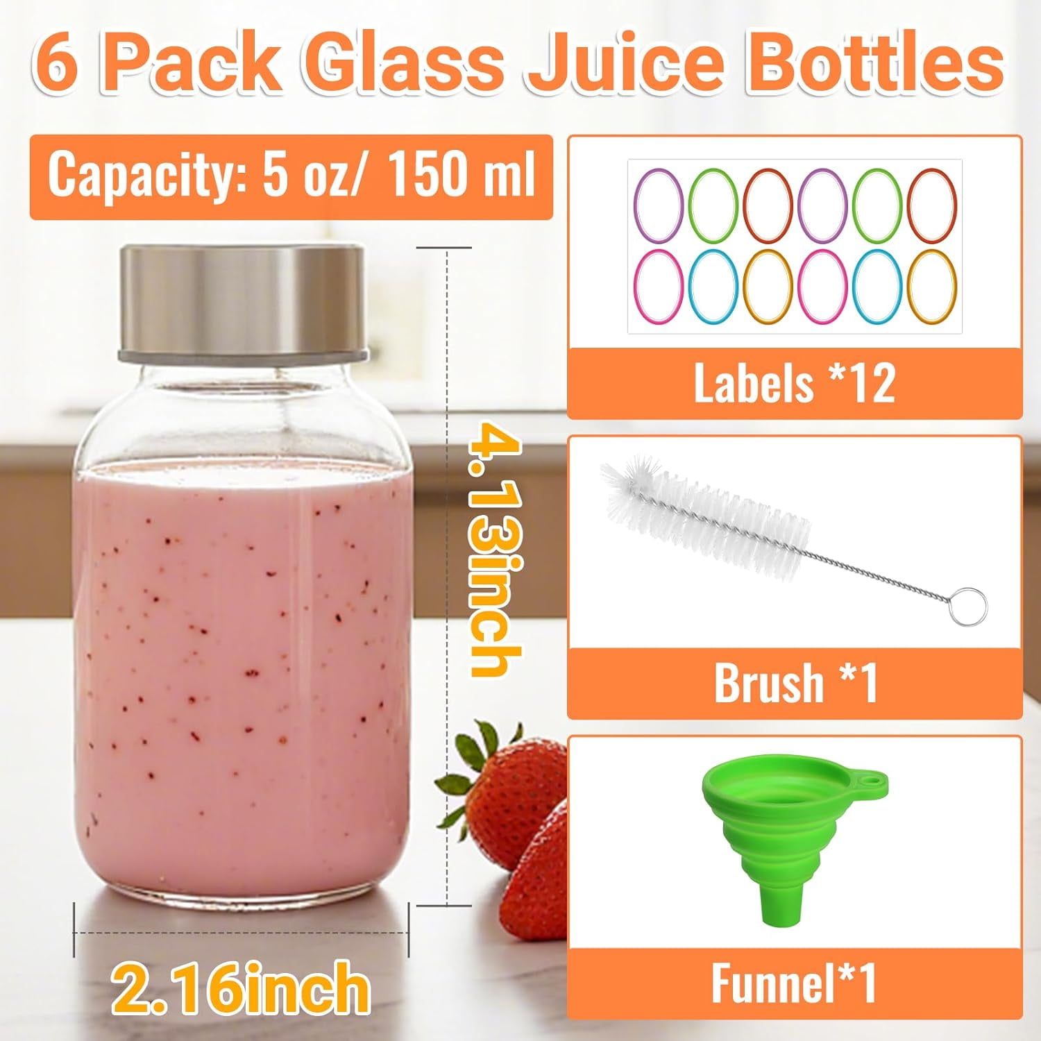 ZHANYU-6 Pack Glass Juice Bottles with Lids - 5 oz Clear Water Bottles ...