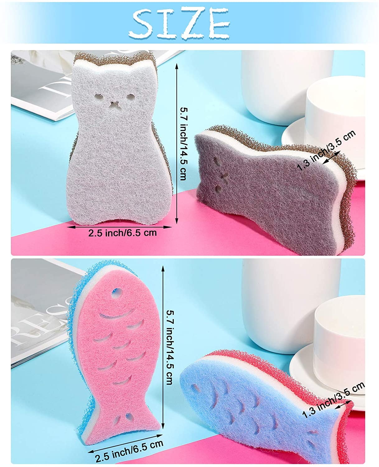 ZHANYU-8 Pieces Kitchen Scrub Sponges Cat Fish Cleaning Sponge ...
