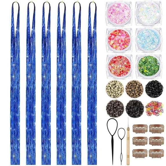 ZHANYU-Blue Hair Tinsel Kit With Body Glitter 48 Inch 3000 Strands ...