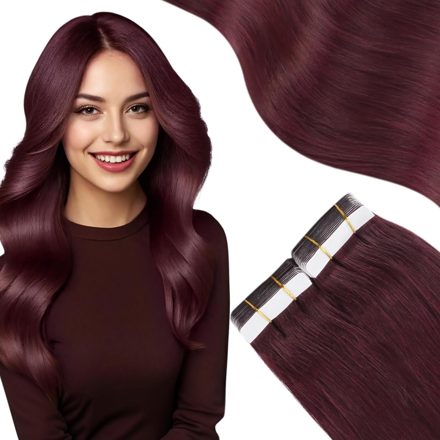 ZHANYU-Burgundy Tape in Hair Extensions Human Hair Invisible Tape in ...