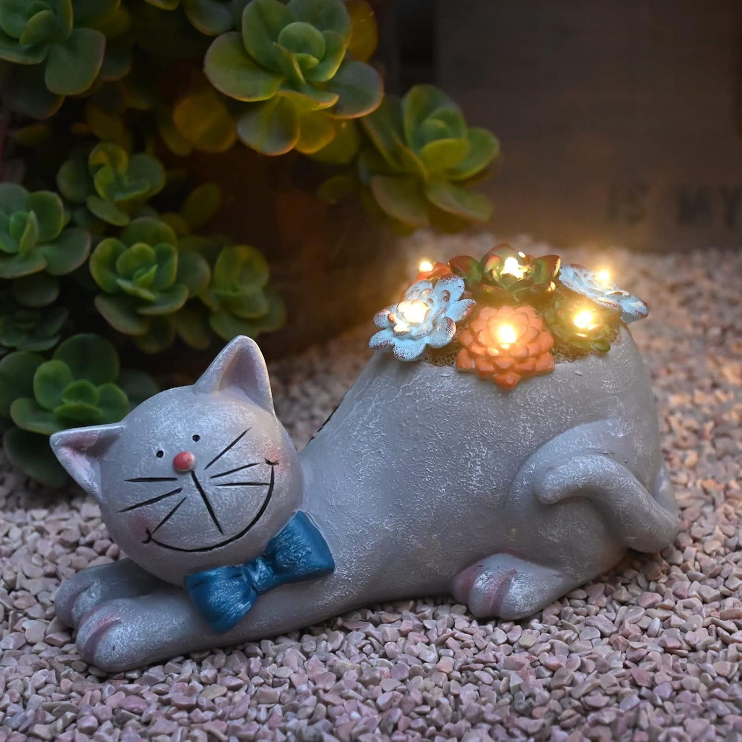 ZHANYU-Cat Garden Figurines Outdoor Decor Solar Statue with Succulent ...