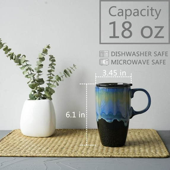 ZHANYU-Ceramic Travel Coffeel Mug with Handle and Lid, 18 oz, Portable ...