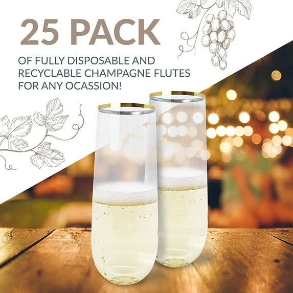 ZHANYU-Champagne Flutes Plastic | 25 Pack | 9 oz - Gold Rim Clear ...