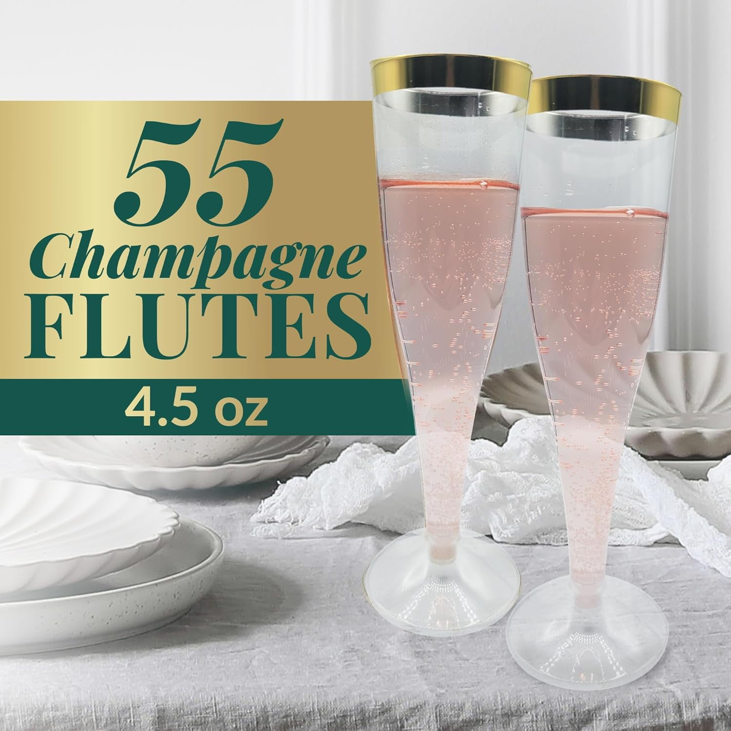 ZHANYU-Champagne Flutes Plastic | 55 Pack | 4.5 oz - Gold Rim Clear ...
