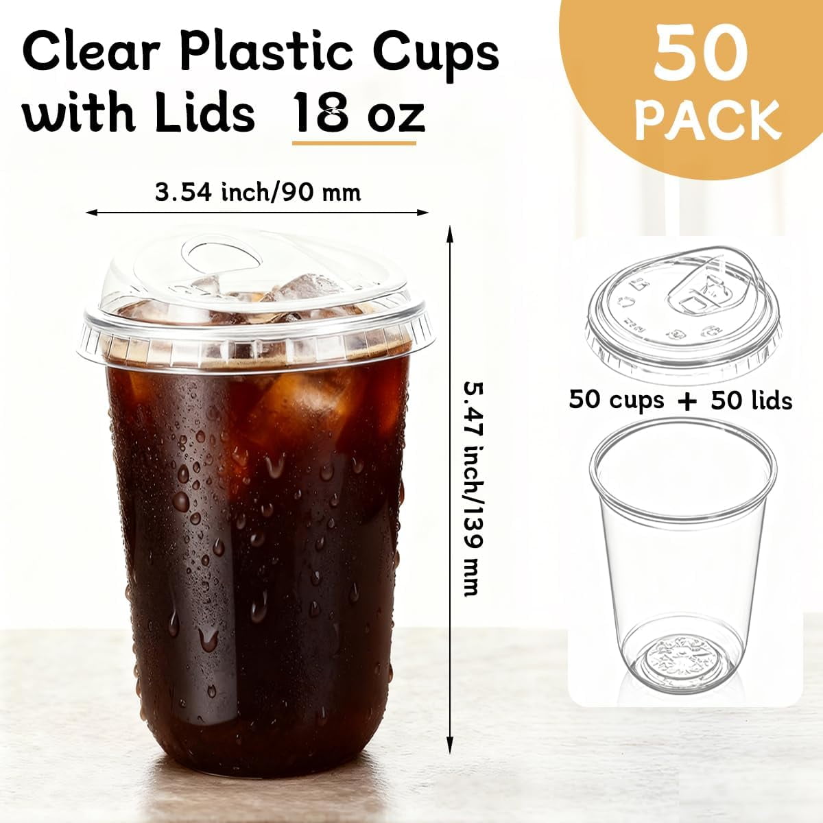 ZHANYU-Clear Plastic Cups with Lids, 18 oz, 50 Pack Disposable Beverage ...