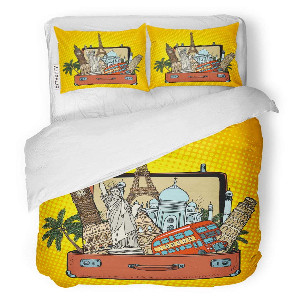 ZHANZZK 3 Piece Bedding Set Brown Europe Suitcase World Landmarks ...