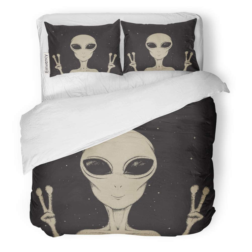 ZHANZZK 3 Piece Bedding Set Drawing Alien Showing Peace Sign Space Life ...