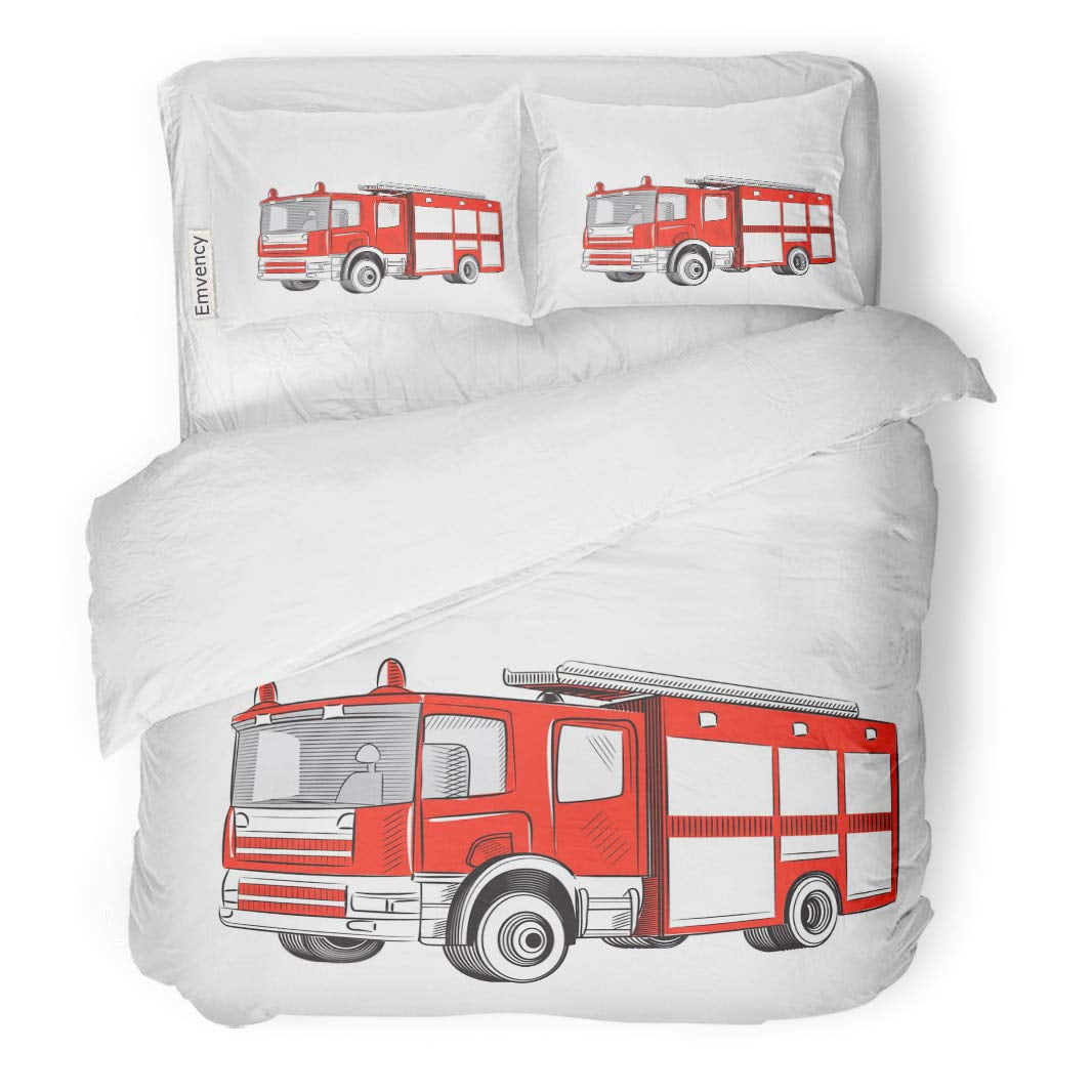ZHANZZK 3 Piece Bedding Set Red Cartoon Fire Truck Firetruck Drawn ...