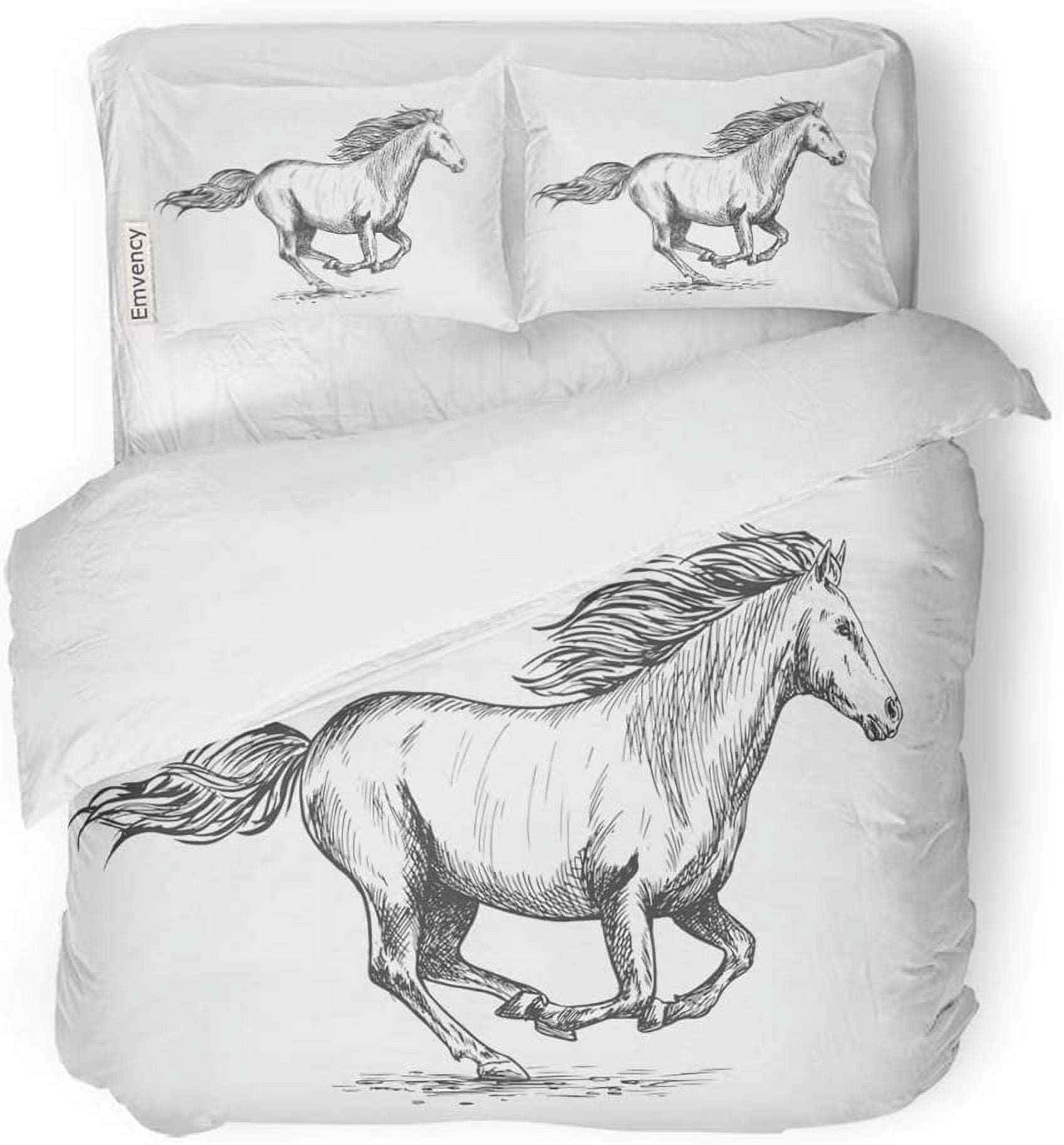 ZHANZZK 3 Piece Bedding Set Running Gallop White Horse Sketch Portrait ...