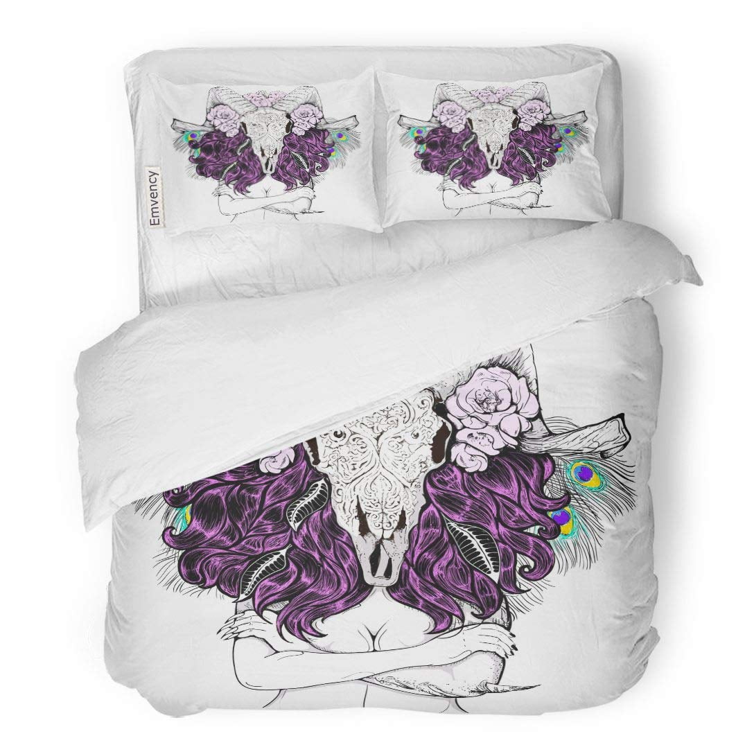 ZHANZZK 3 Piece Bedding Set Tattoo Beautiful Woman Long Hair and Horns ...