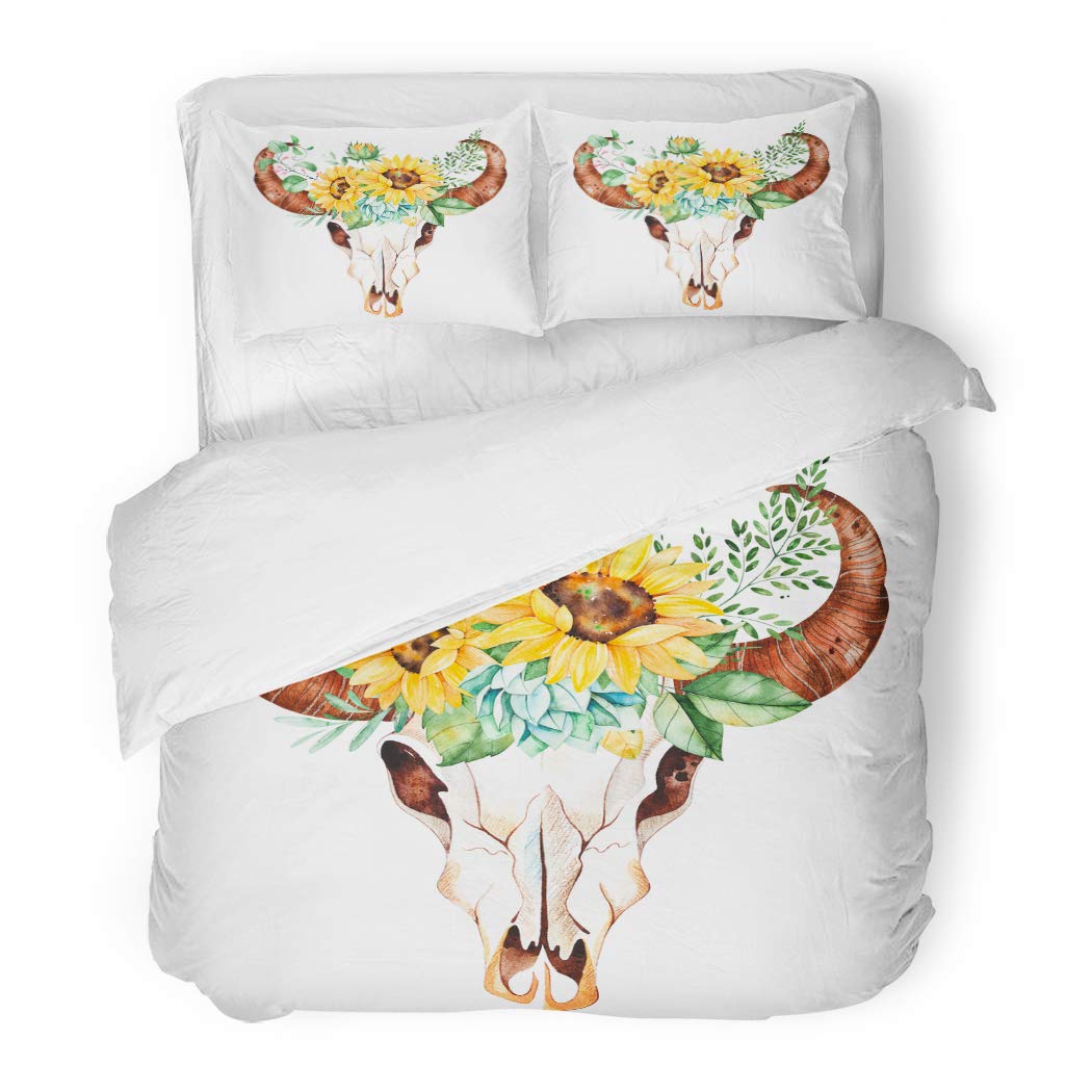 ZHANZZK 3 Piece Bedding Set Watercolor Bull Skull Head Sunflowers ...