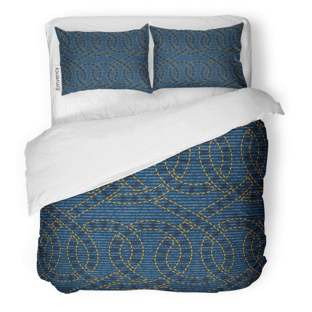 ZHANZZK 3 Piece Bedding Set Yellow Pattern Embroidered on Blue Denim ...