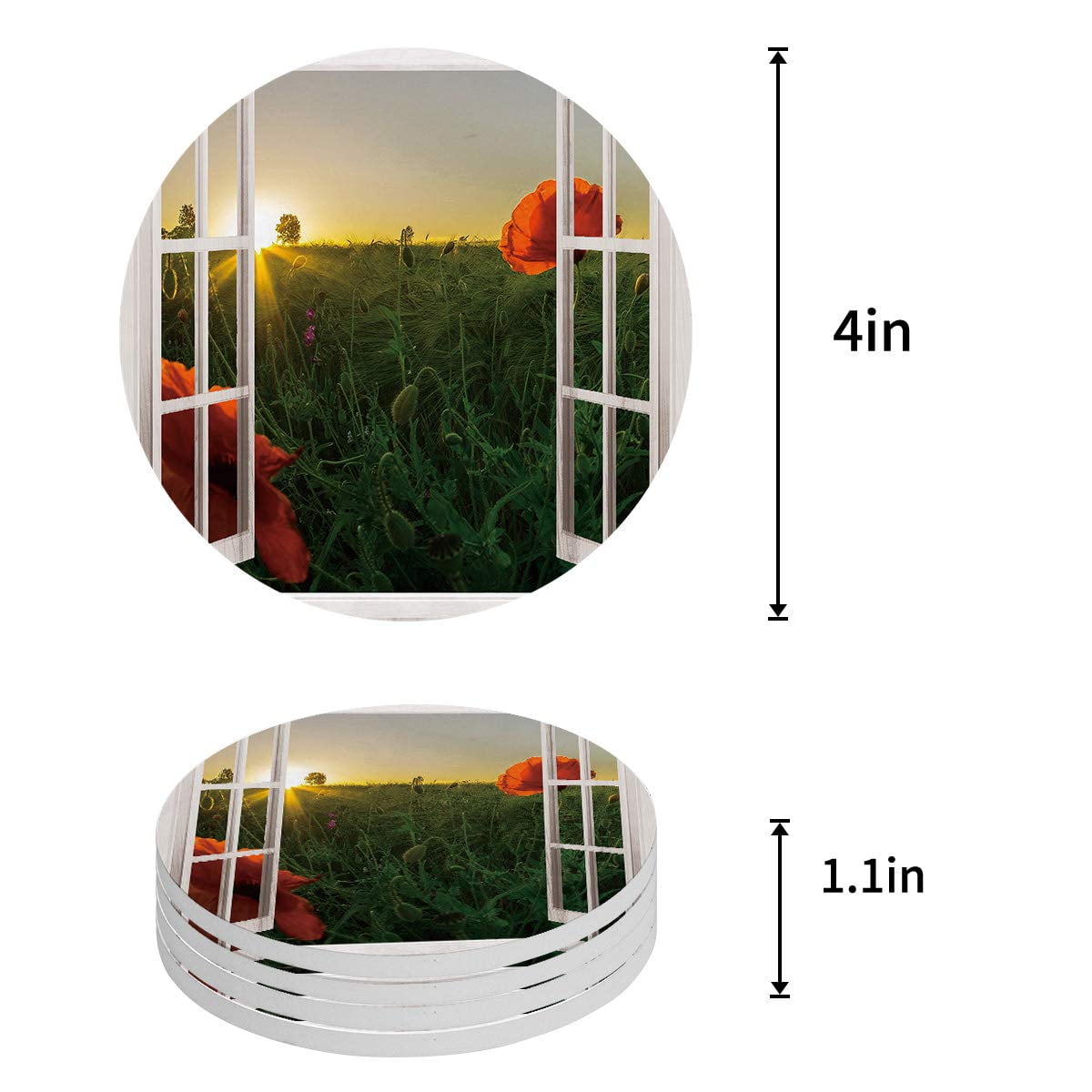ZHANZZK Poppy Flower Morning Sunshine Window Design Set of 6 Round ...