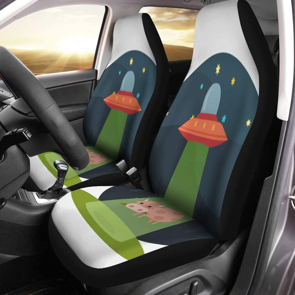 ZHANZZK Set of 2 Car Seat Covers Flat Cartoon UFO Cow Abduction Night ...